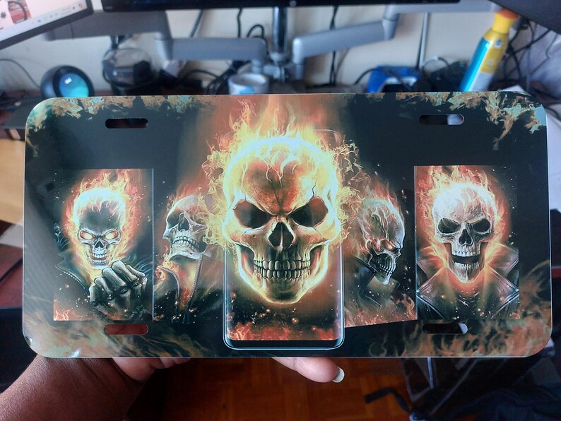 Skull Fire Custom Front License Plate, Horror Fire Skulls, Flame Skull ...