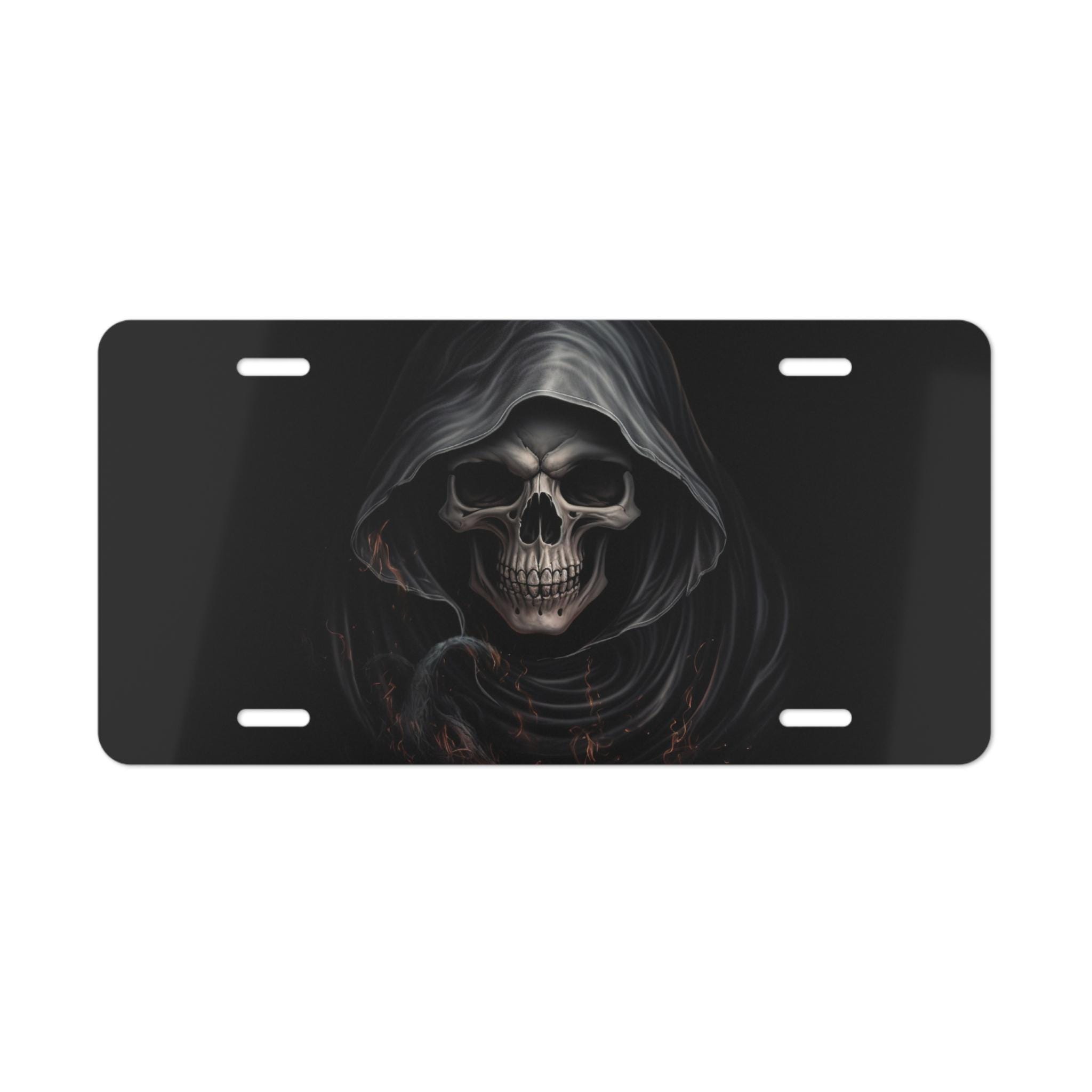 Grim Reaper Skull With Flames Custom License Plate, Grim Reaper Skull ...
