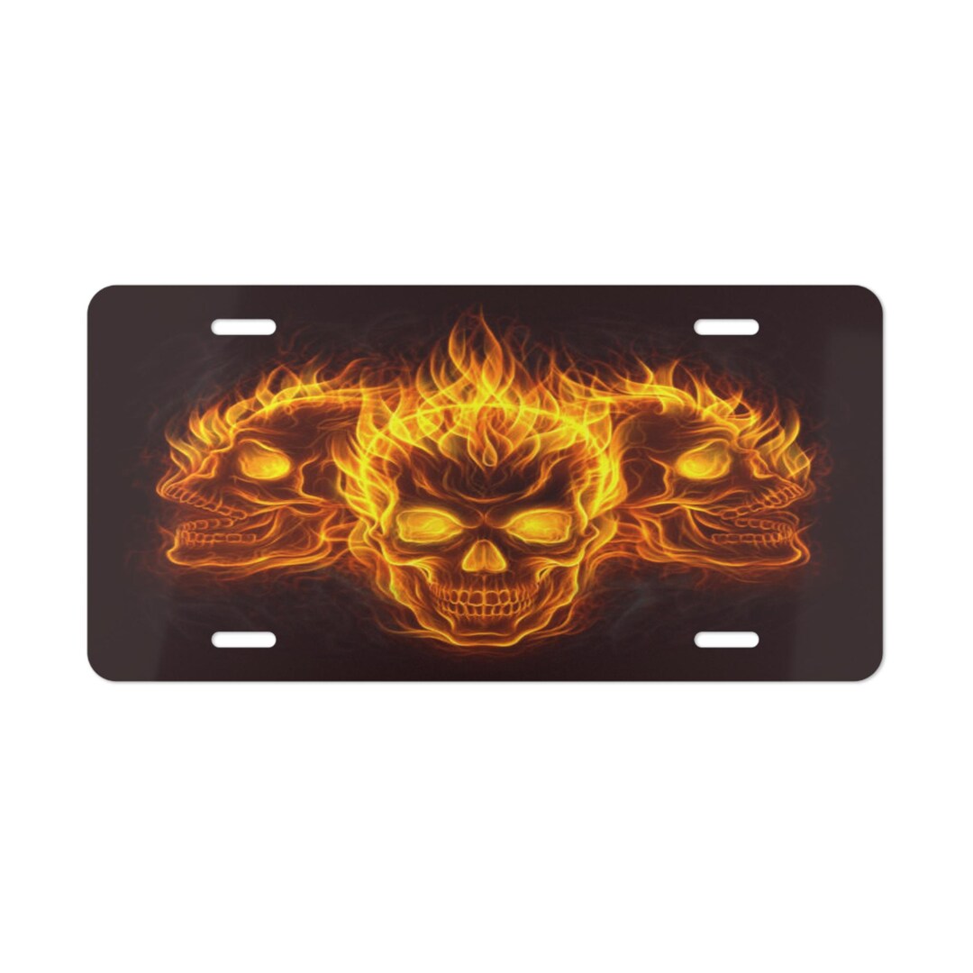 Three Fire Skulls Custom License Plate, Horror Fire Skulls, Flame Skull ...