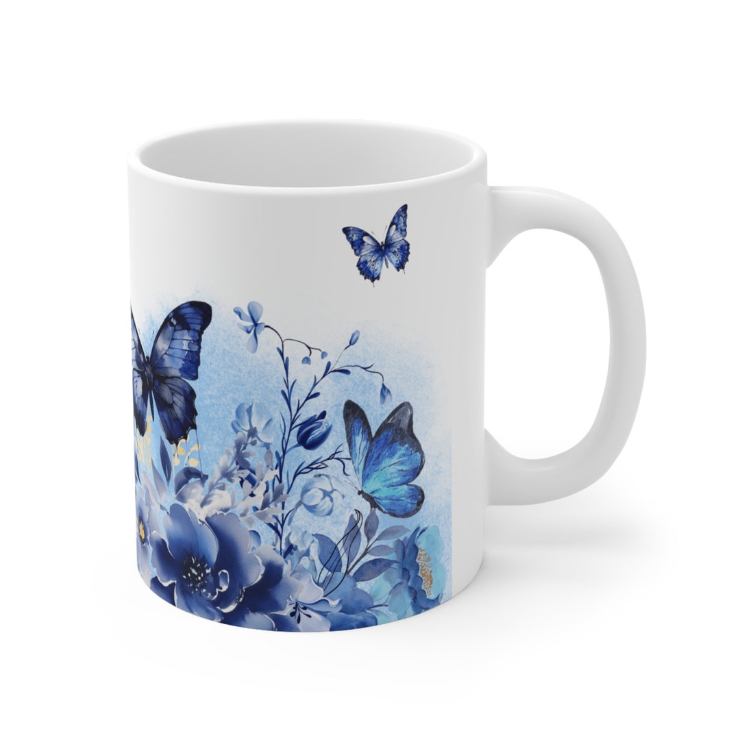 Watercolor Blue Flower Ceramic Mug, Blue Butterflies Ceramic Coffee Mug ...