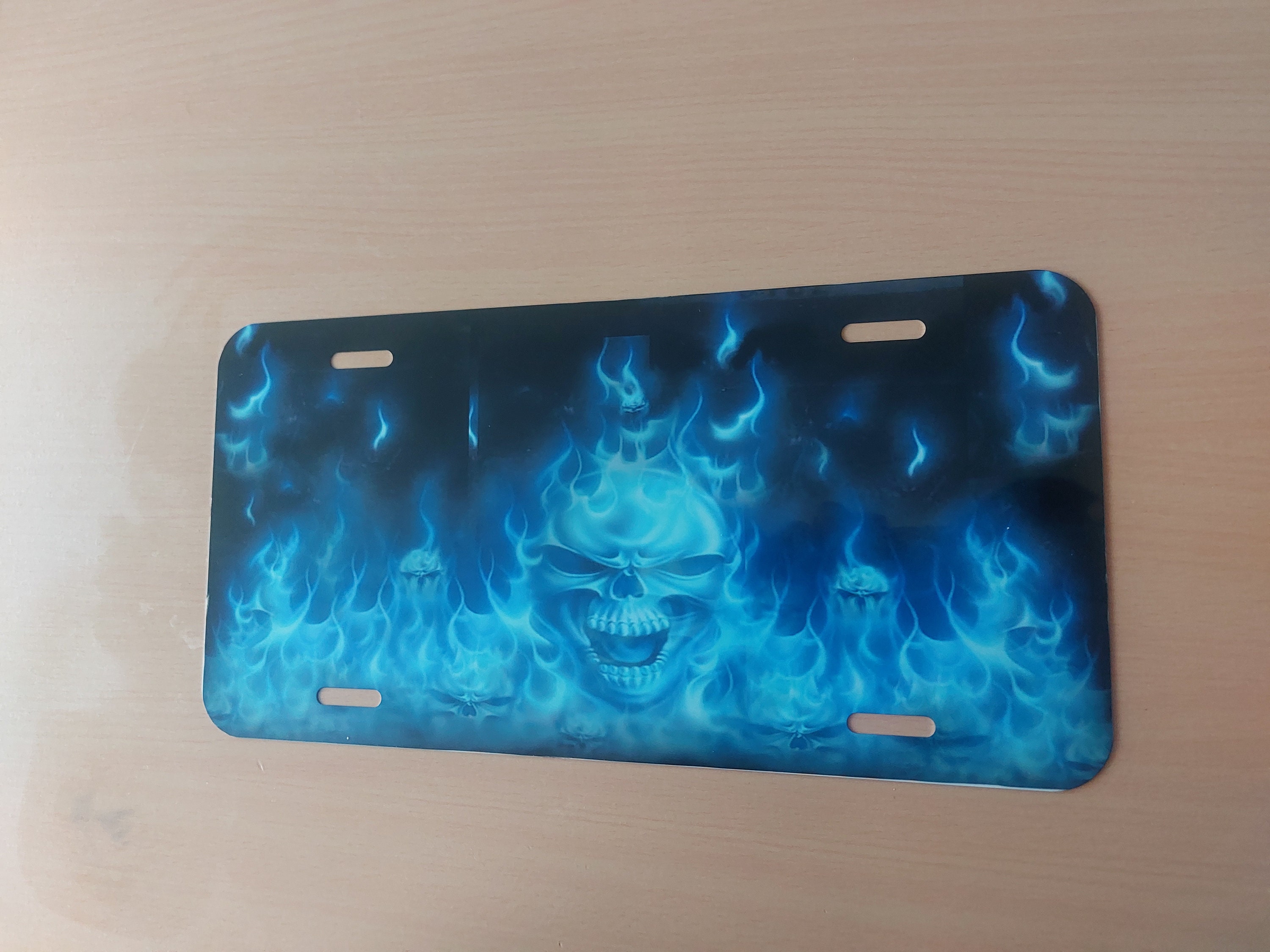 Blue Fire Skull Front License Plate Cover, Angry Skeleton in the ...