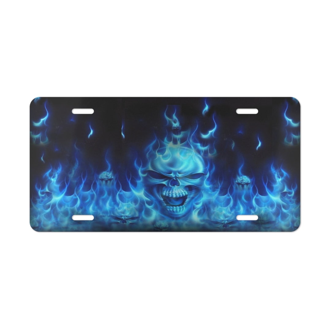 Blue Fire Skull Front License Plate Cover, Angry Skeleton in the ...