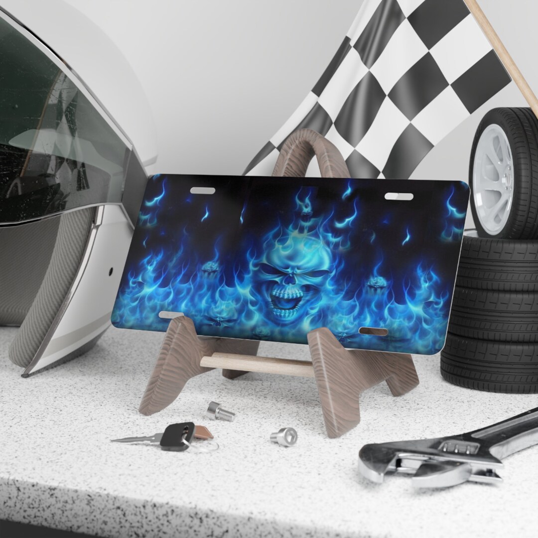 Blue Fire Skull Front License Plate Cover, Angry Skeleton in the ...