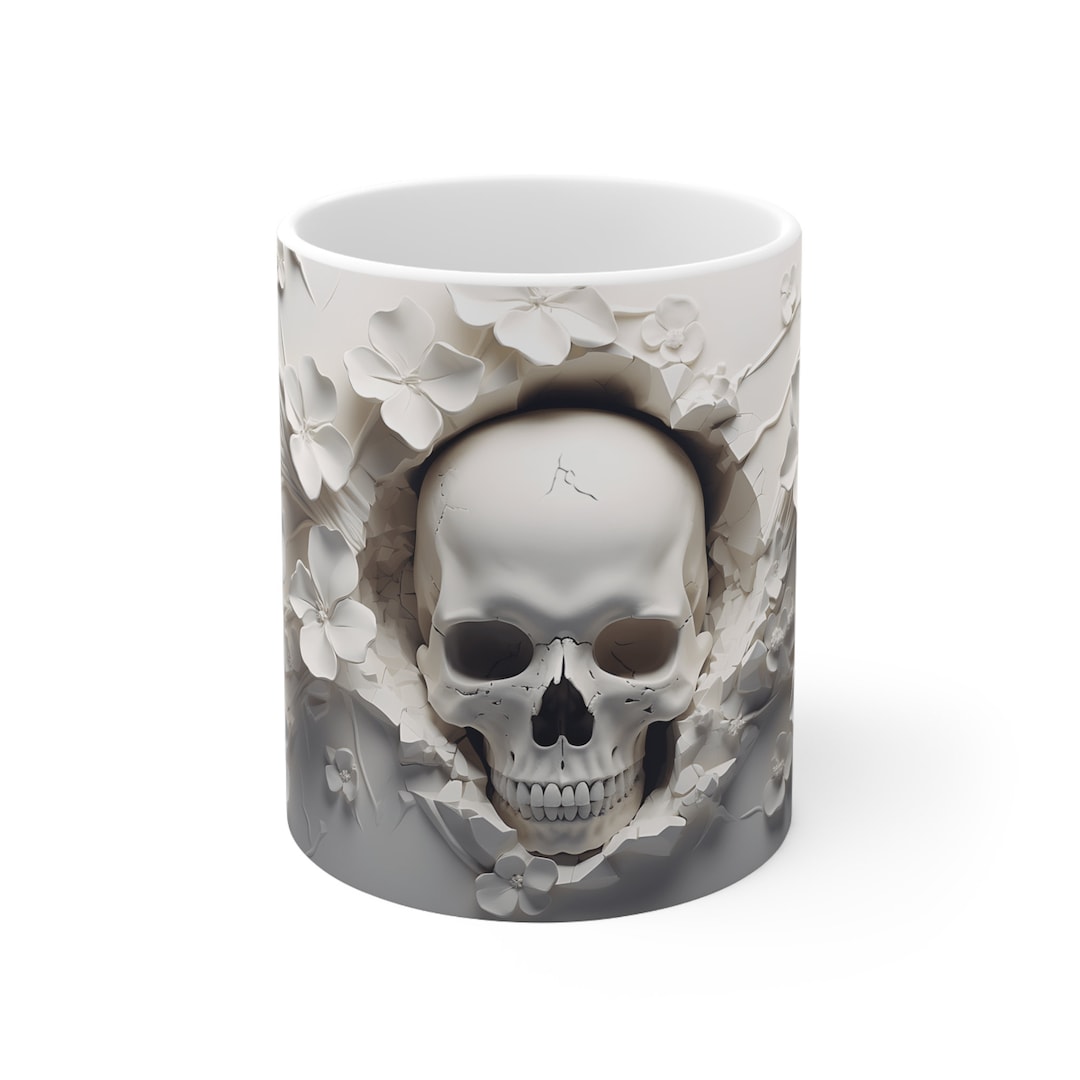 3D Skull White Ceramic Mug 11oz, 3D Skull Mug Design, 11oz 3D Skull Mug ...
