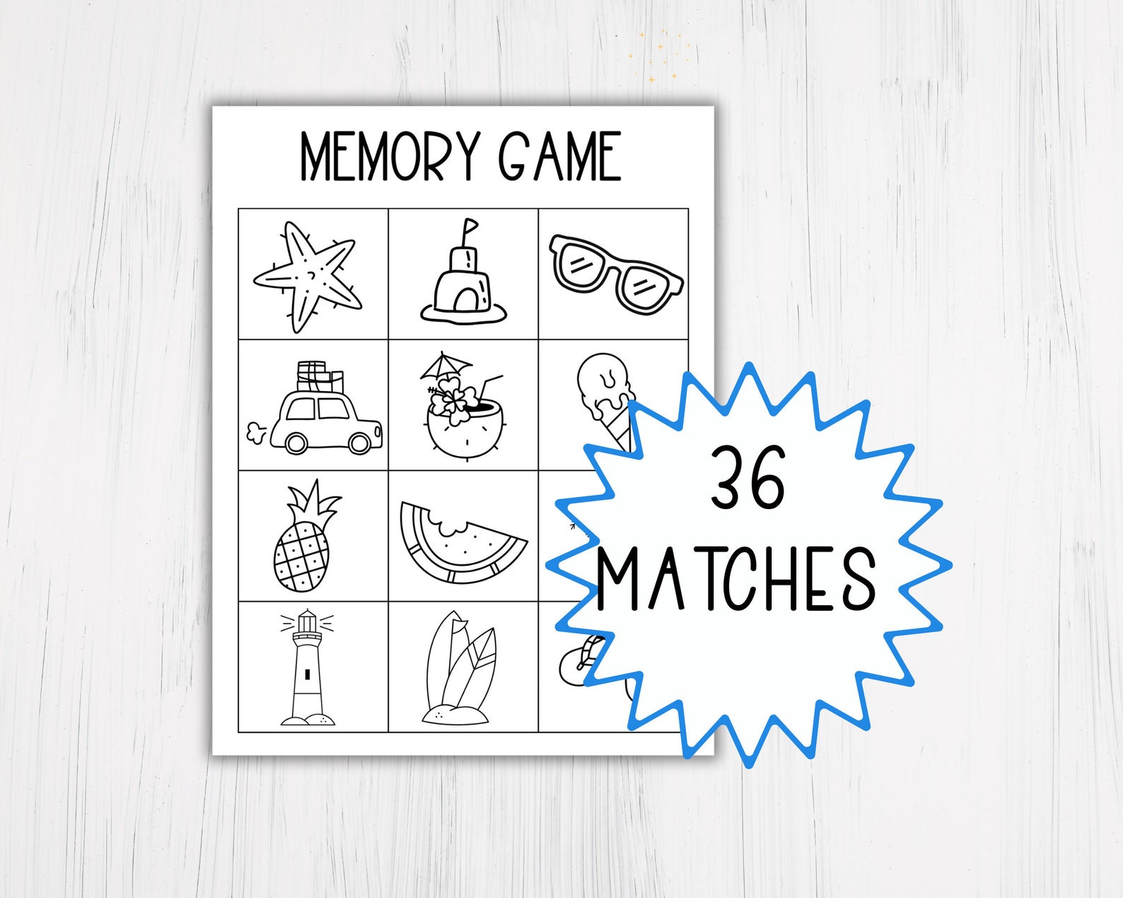 Summer Memory Game Printable, Black and White, Matching and Memory Game ...