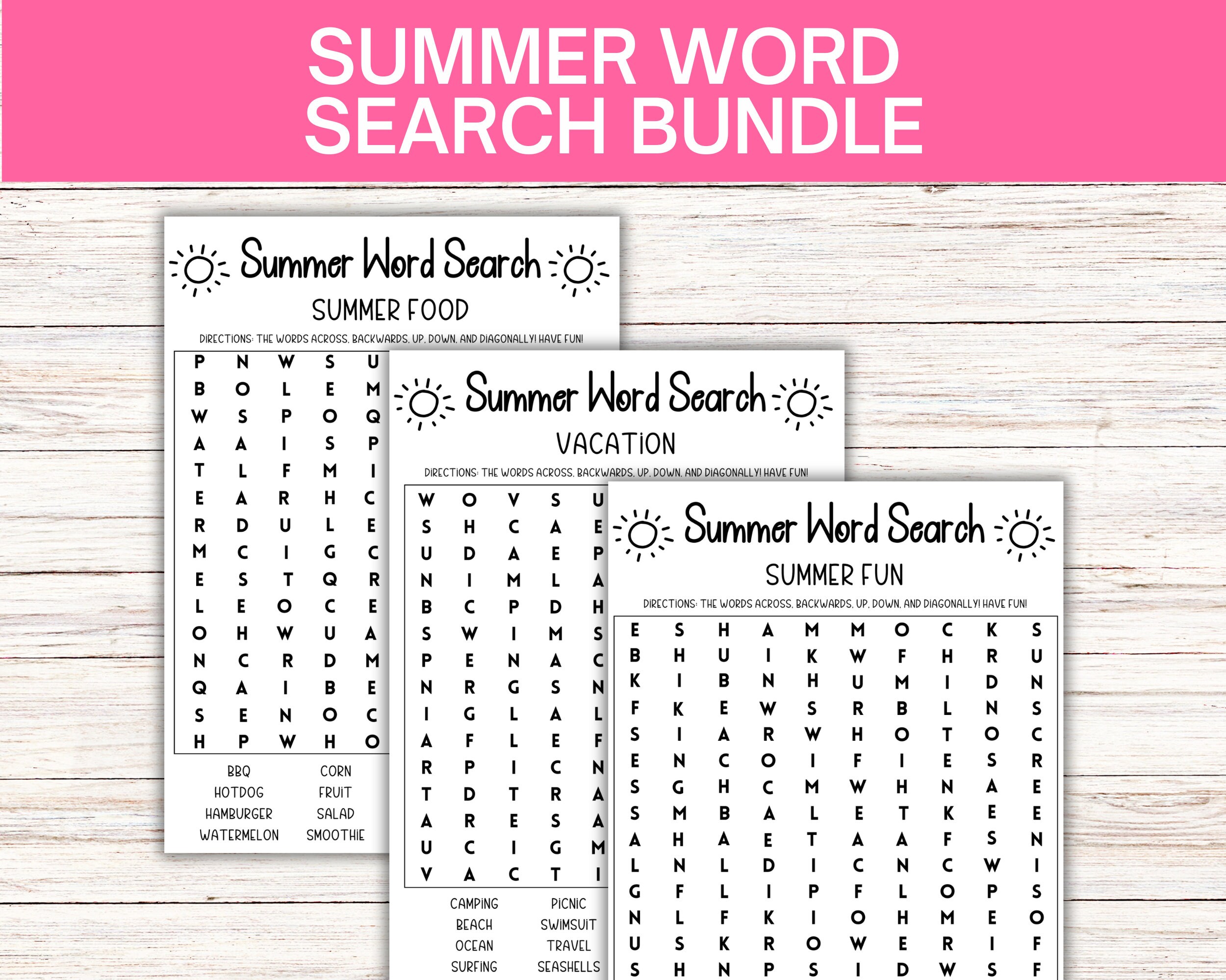 Printable Summer Word Search Bundle, Summer Activity, Summer Themes ...