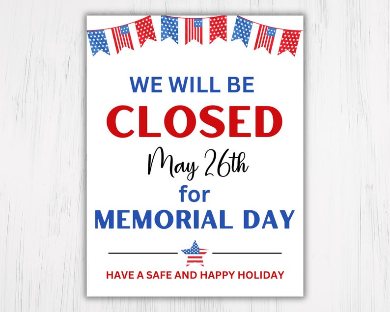 Memorial Day Closed Sign: Printable Storefront Door Sign (instant ...