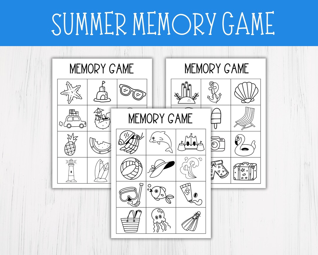Summer Memory Game Printable, Black and White, Matching and Memory Game ...