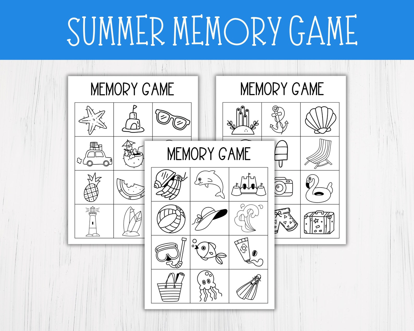 Summer Memory Game Printable, Black and White, Matching and Memory Game ...