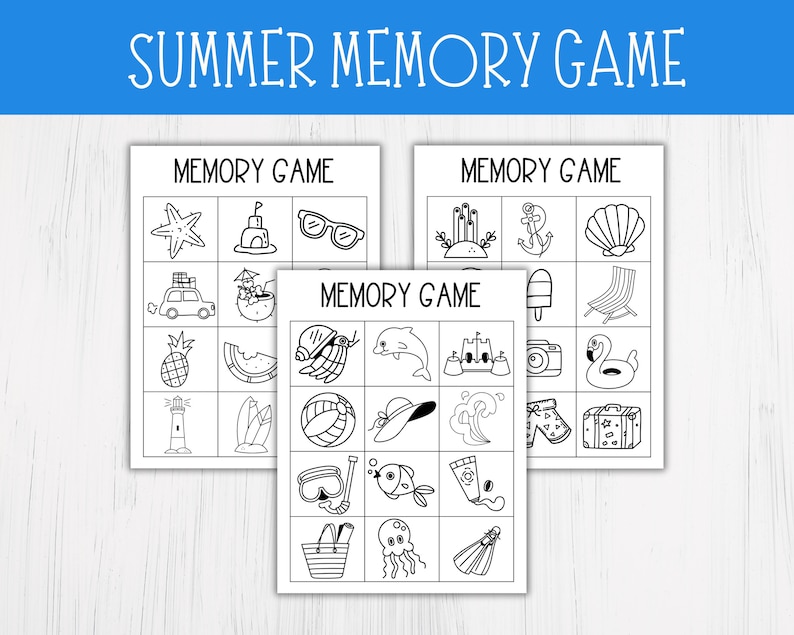 Summer Memory Game Printable, Black and White, Matching and Memory Game ...