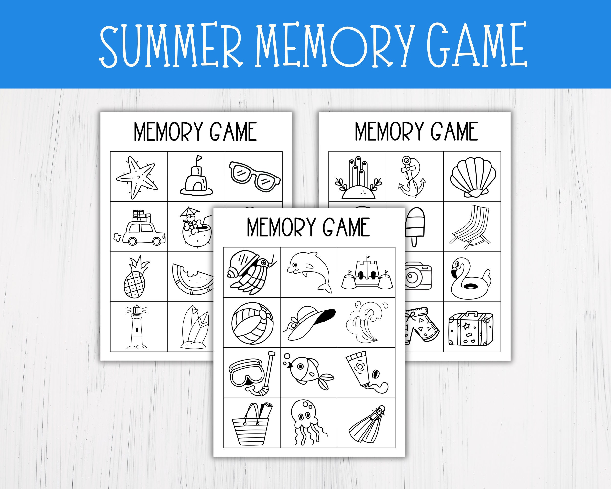 Summer Memory Game Printable, Black and White, Matching and Memory Game ...