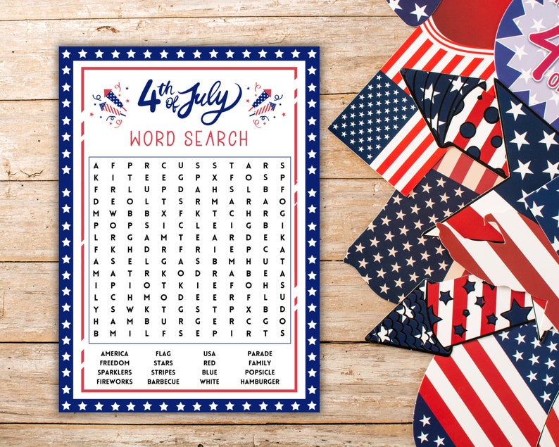 4th of July Printable Word Search Fun Patriotic Activity for Kids 8x10 ...