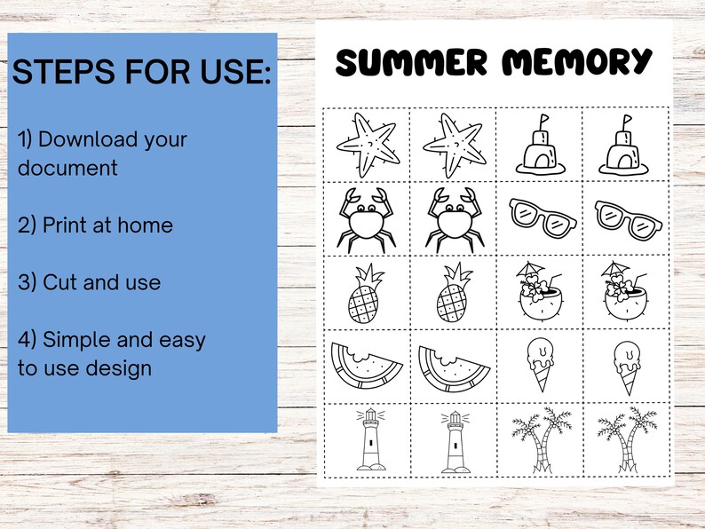 Summer Memory Game Printable, Black and White, Matching and Memory Game ...