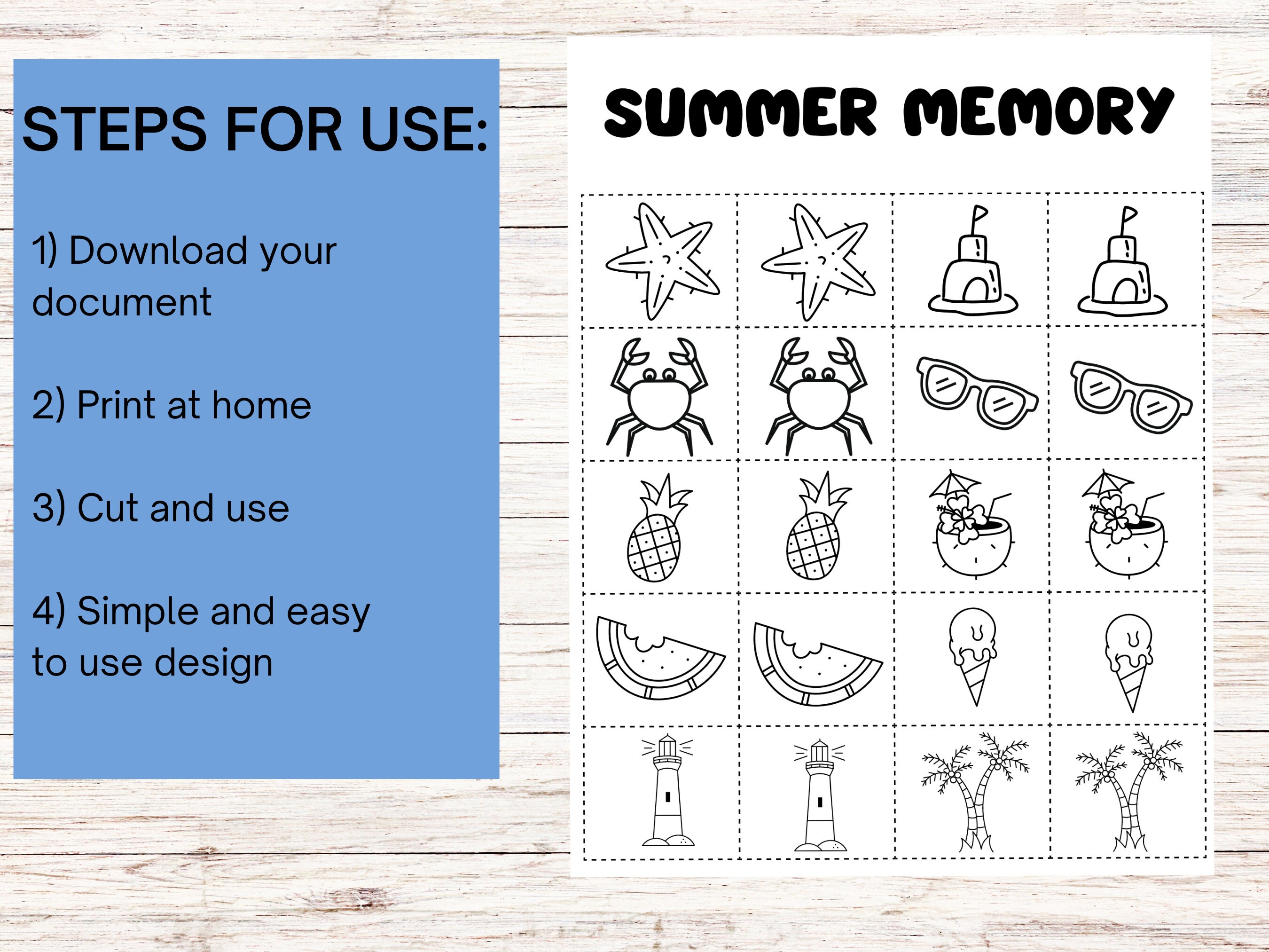 Summer Memory Game Printable, Black and White, Matching and Memory Game ...