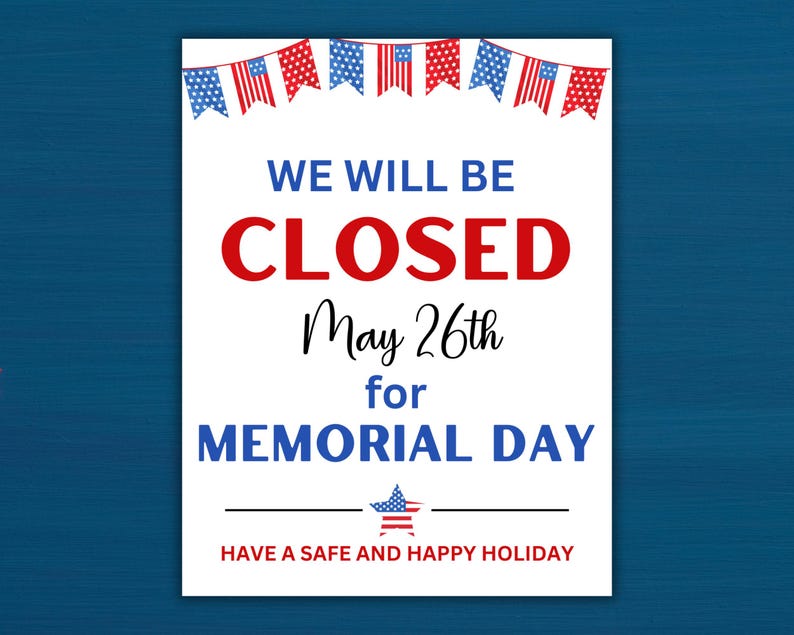 Memorial Day Closed Sign Printable Storefront Door Sign Instant