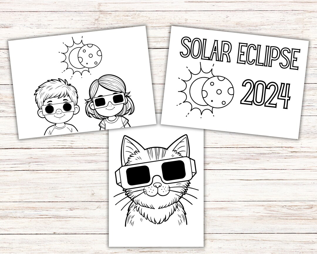 Solar Eclipse Coloring Pages 2024 for Kids, 8x10 and 5x7 Printable Set ...