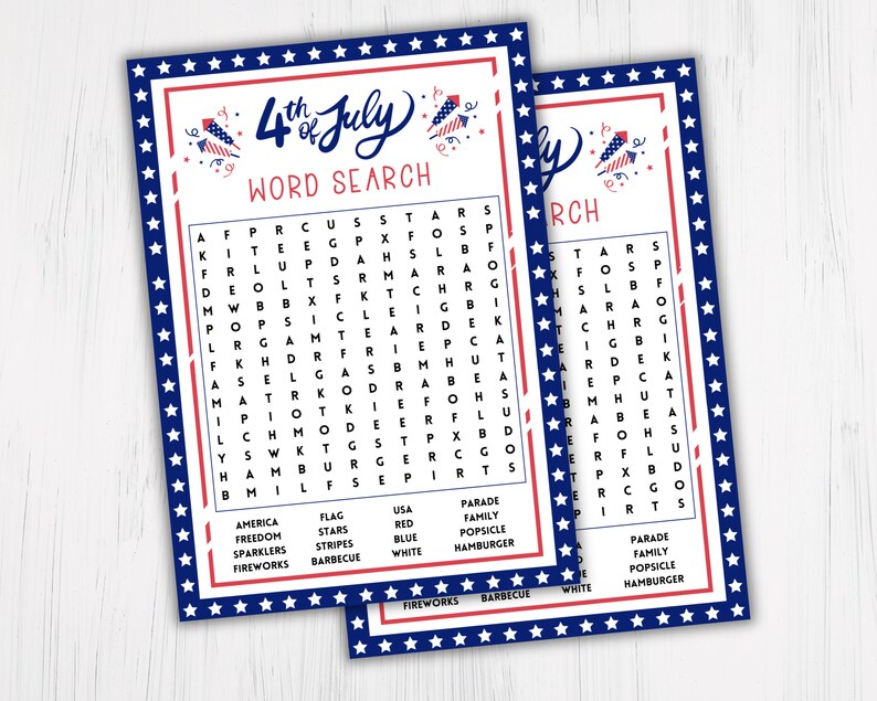 4th of July Printable Word Search Fun Patriotic Activity for Kids 8x10 ...