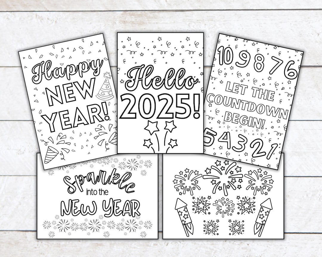 2025 New Year's Eve Printable Coloring Pages for Kids or Adults, 5x7 ...