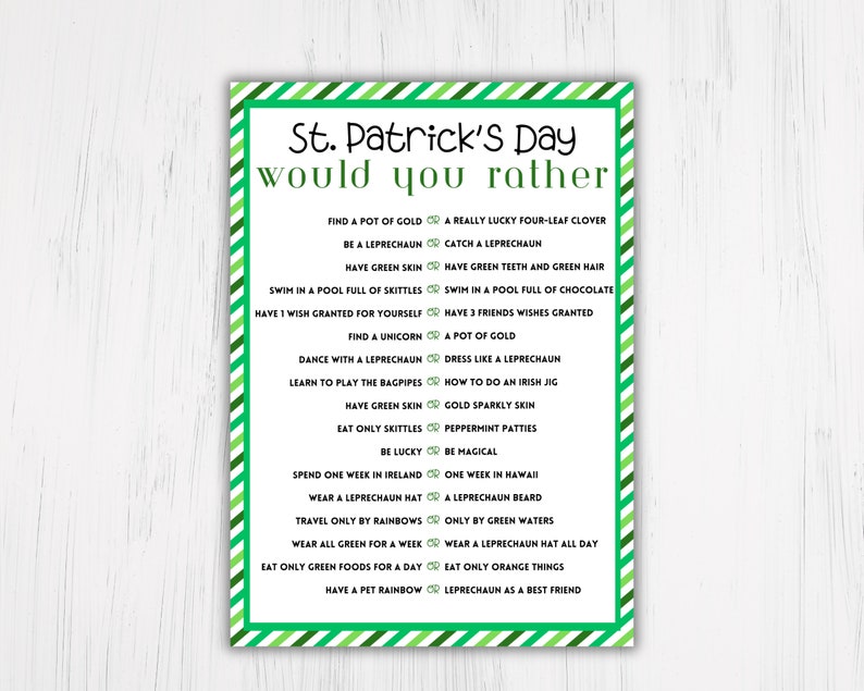 St. Patrick's Day Would You Rather Game: Fun for Kids & Adults (PDF) - Etsy