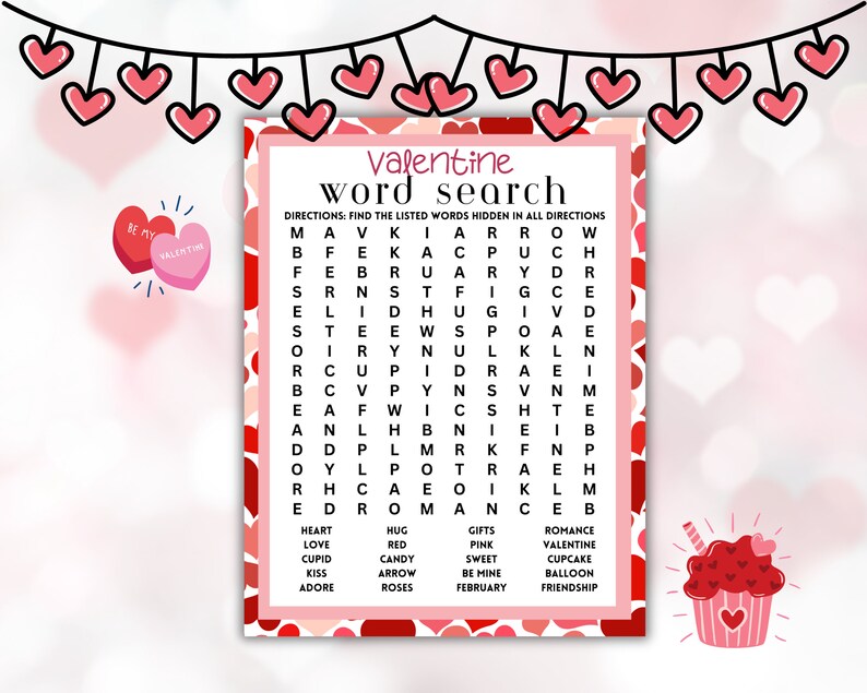 Valentine Word Search Printable, 5x7, 8x10, Fun Brain Activity, Love ...