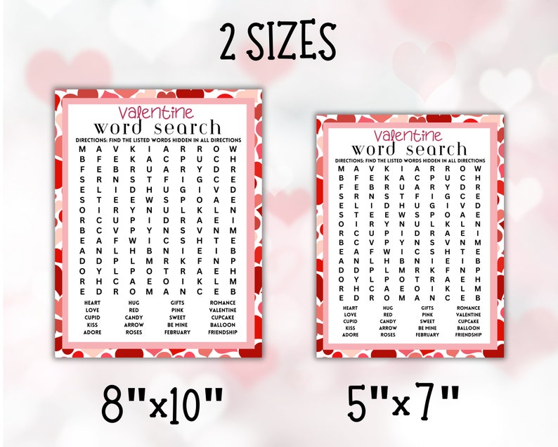 Valentine Word Search Printable, 5x7, 8x10, Fun Brain Activity, Love ...
