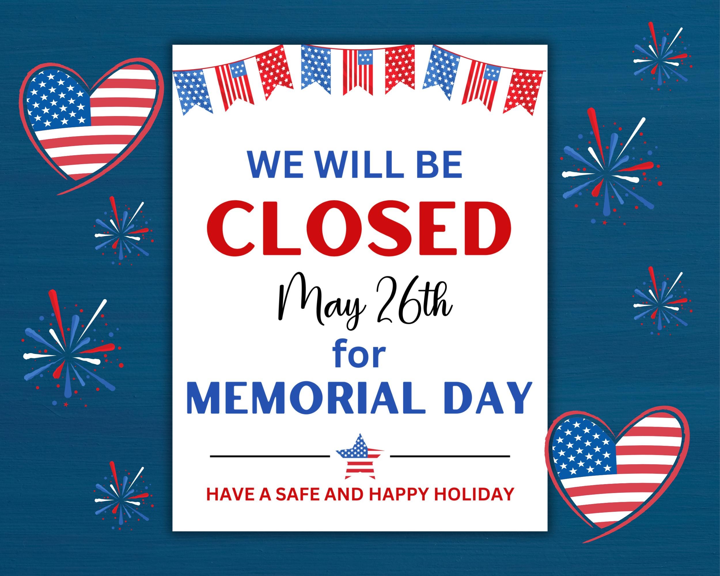 Memorial Day Closed Sign: Printable Storefront Door Sign (instant ...