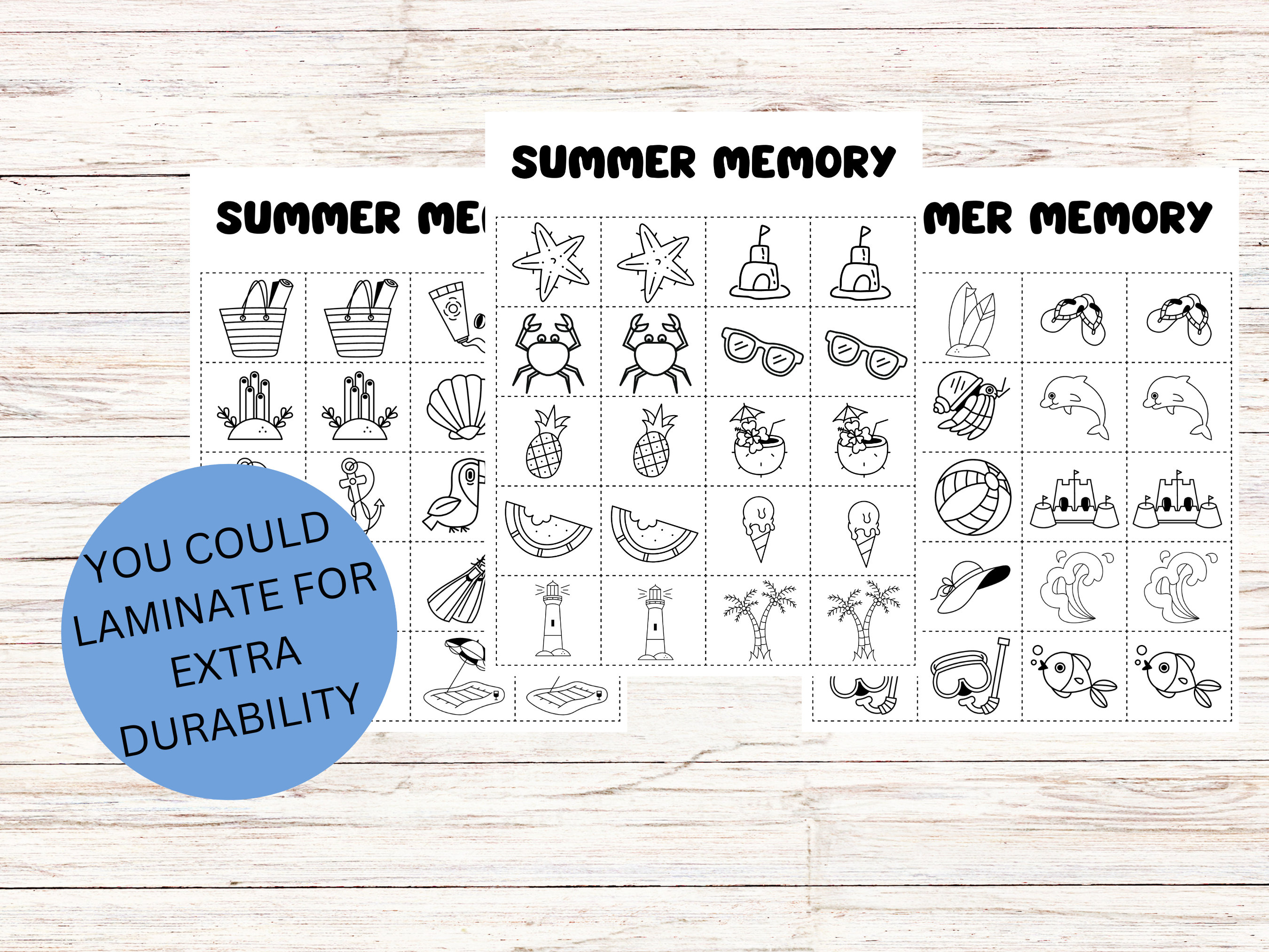 Summer Memory Game Printable, Black and White, Matching and Memory Game ...