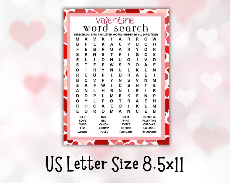 Valentine Word Search Printable, 5x7, 8x10, Fun Brain Activity, Love ...