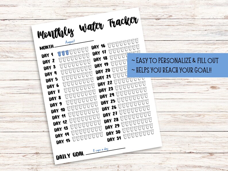 Monthly Water Tracker, Habit Tracker, Printable Hydration Tracker, 31 ...
