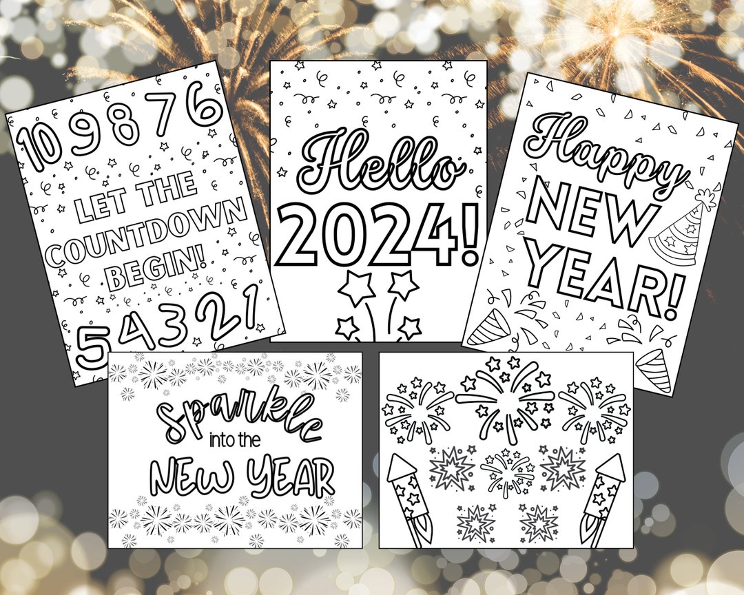 2024 New Year's Eve Printable Coloring Pages for Kids or Adults, 5x7 ...