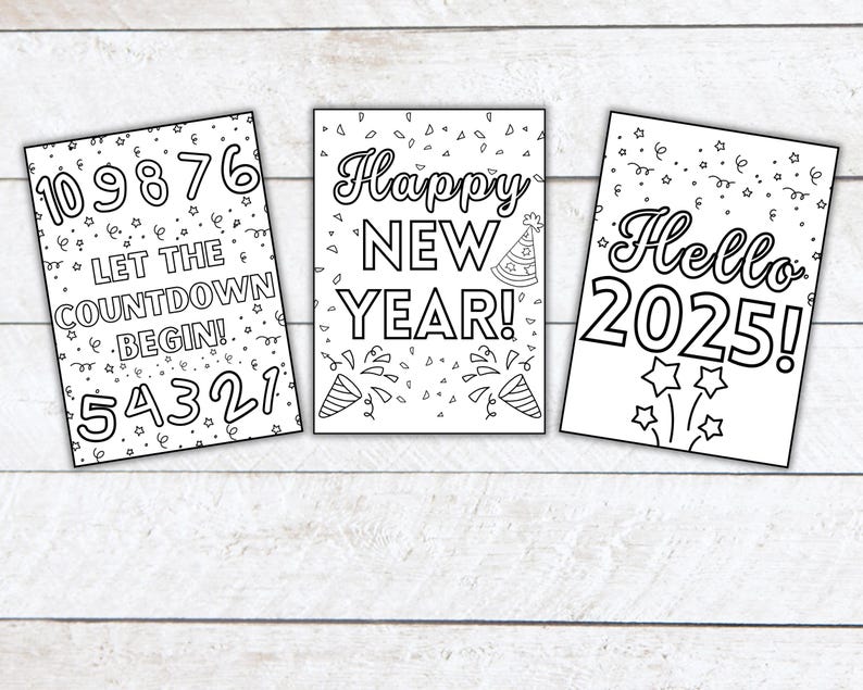 2025 New Year's Eve Printable Coloring Pages for Kids or Adults, 5x7 ...