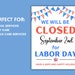 Closed for Labor Day Printable Sign, INSTANT DOWNLOAD, Pdf, Jpg ...