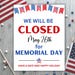 Memorial Day Closed Sign: Printable Storefront Door Sign (instant ...