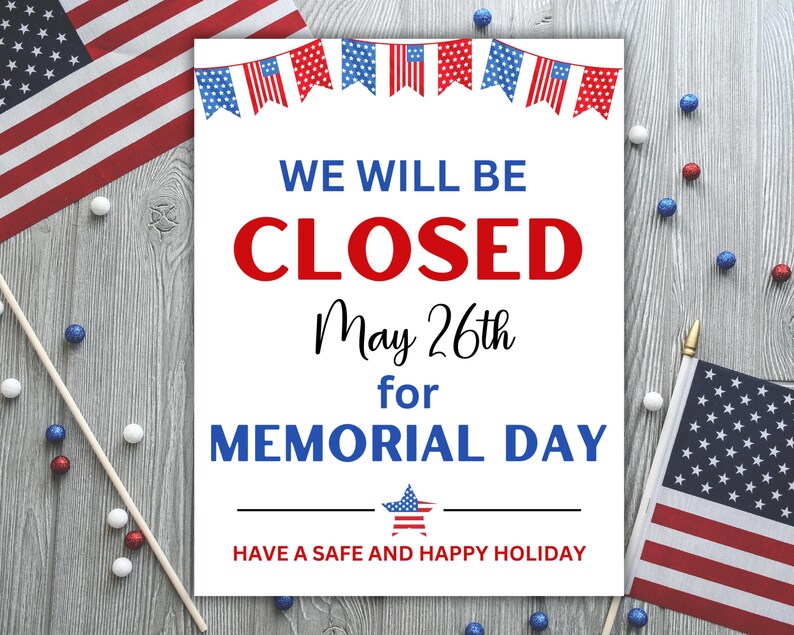 Memorial Day Closed Sign: Printable Storefront Door Sign (instant ...