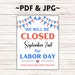 Closed for Labor Day Printable Sign, INSTANT DOWNLOAD, Pdf, Jpg ...