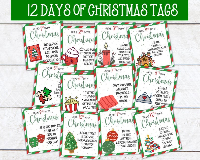 12 Days of Christmas Printable Gift Tags, Christmas Favor Tags, Secret ...