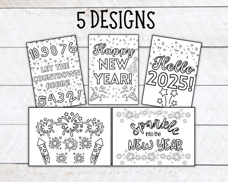 2025 New Year's Eve Printable Coloring Pages for Kids or Adults, 5x7 ...