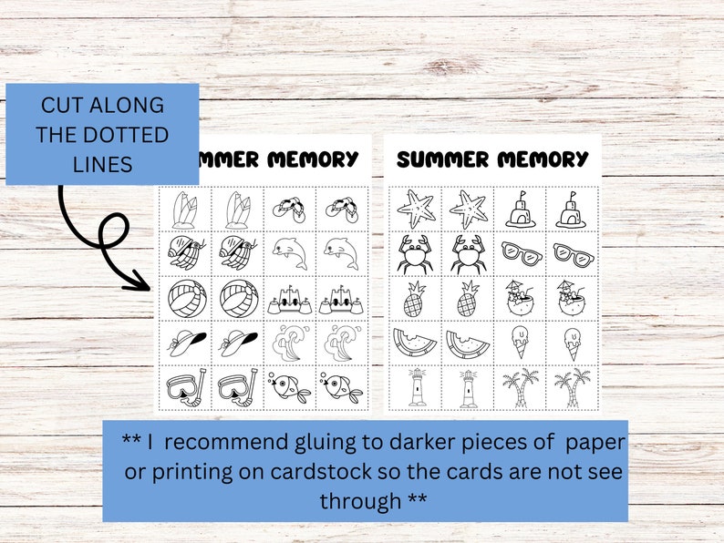 Summer Memory Game Printable, Black and White, Matching and Memory Game ...