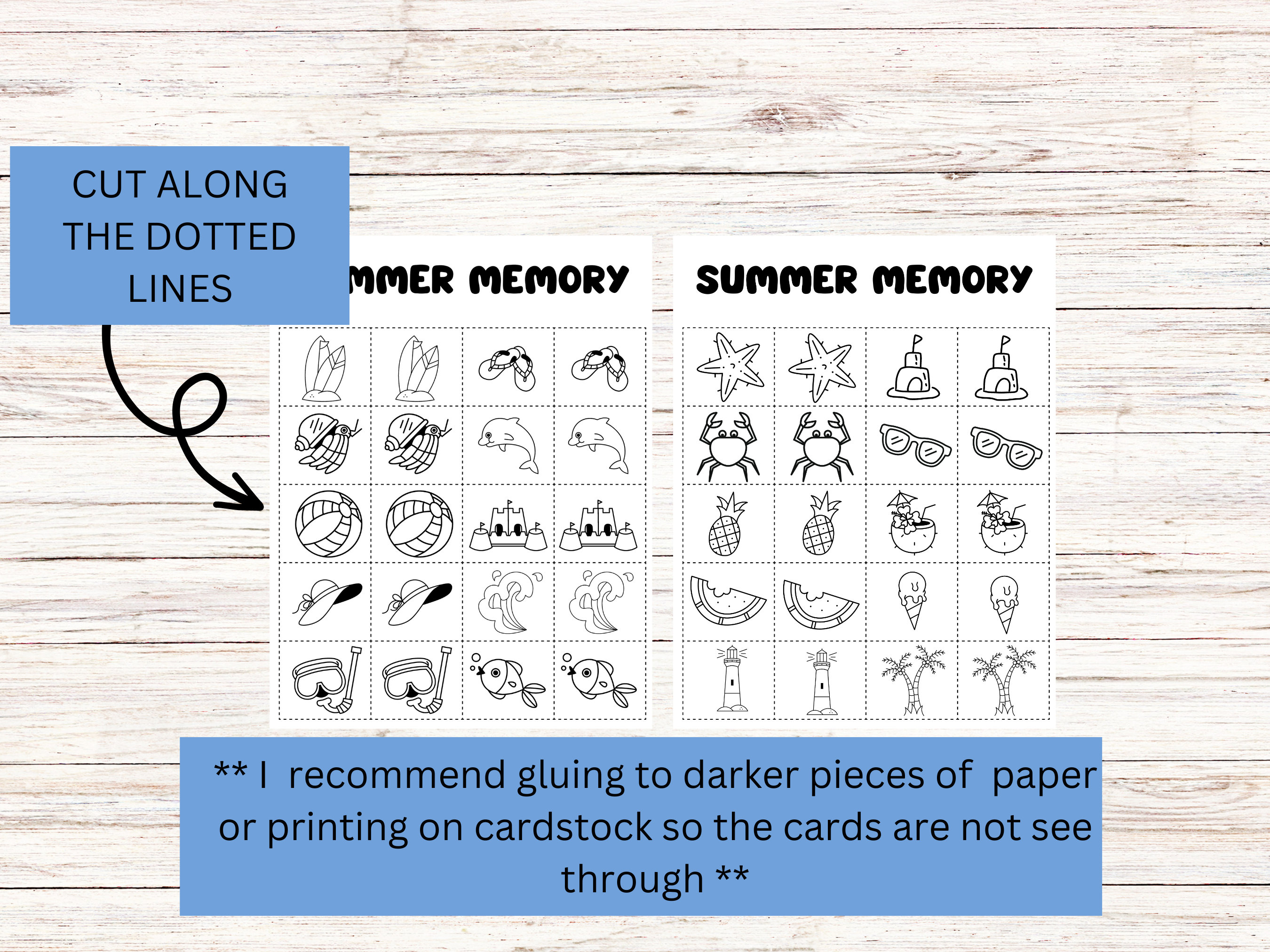 Summer Memory Game Printable, Black and White, Matching and Memory Game ...