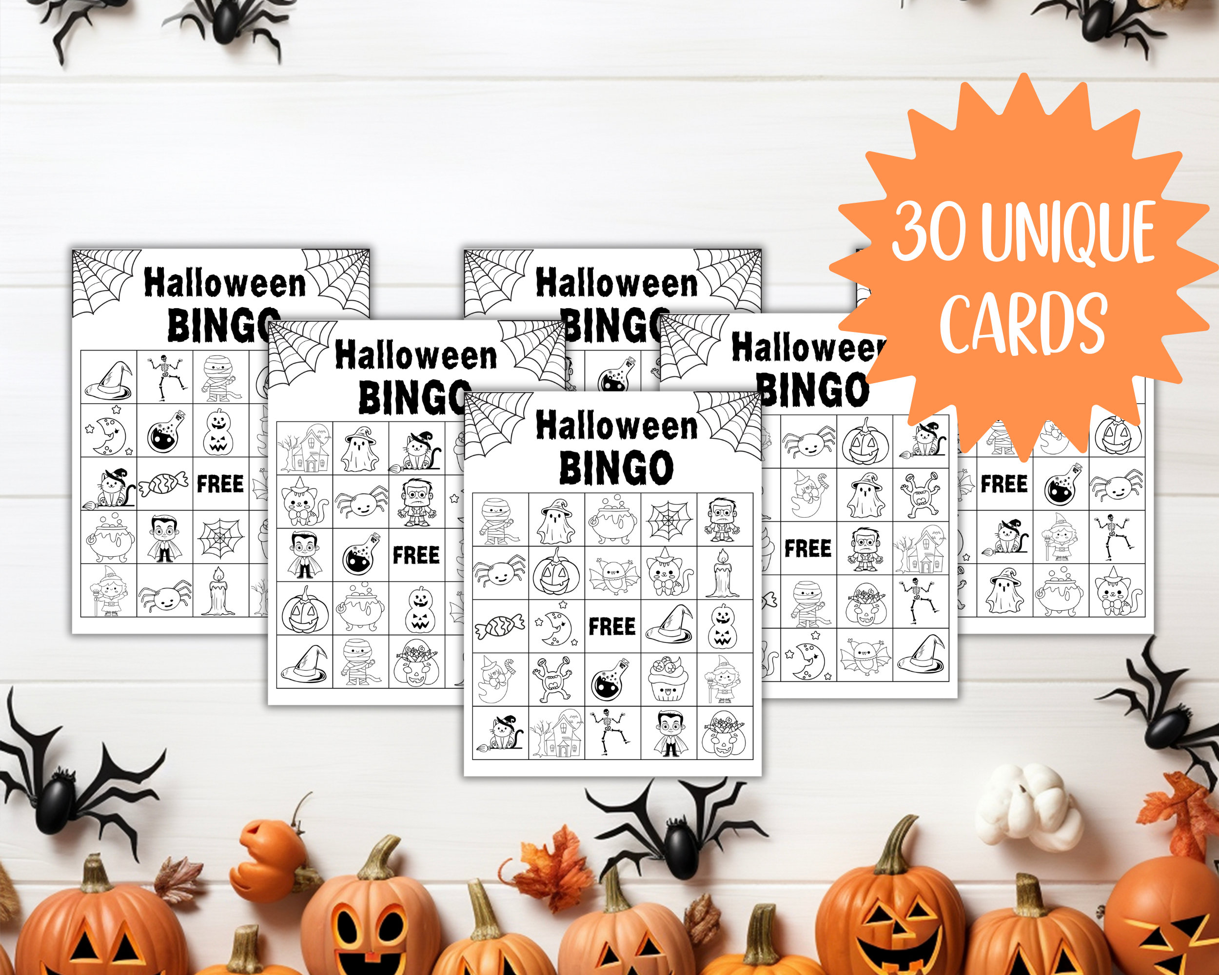 Halloween Bingo Cards - Black and White - Set of 30 - Spooky Bingo Game ...