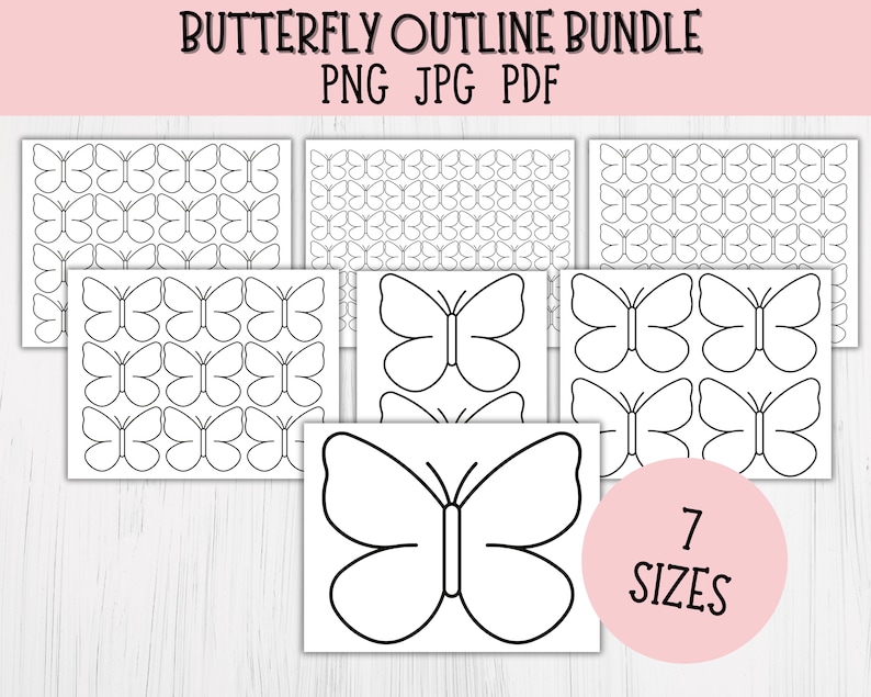 Butterfly Outline Stencils, 7 Sizes, Crafting Templates (PDF, PNG, JPG ...