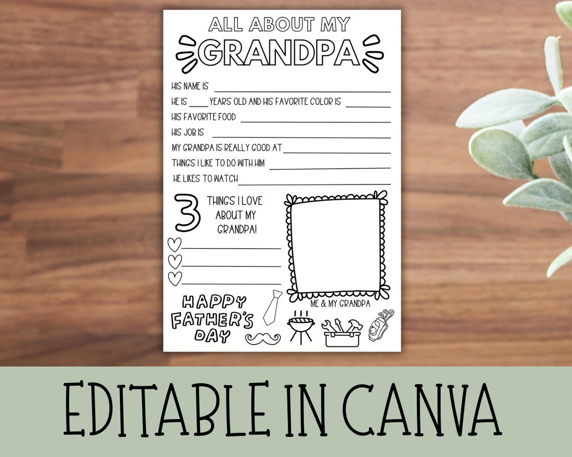 All About Grandpa Questionnaire Printable: Father's Day Keepsake (PDF ...