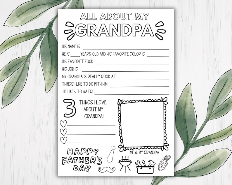 Grandpa Questionnaire Printable: Father's Day Keepsake (PDF Download ...