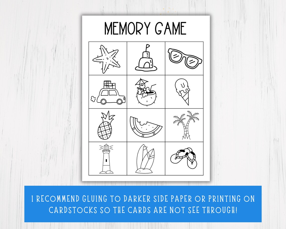 Summer Memory Game Printable, Black and White, Matching and Memory Game ...