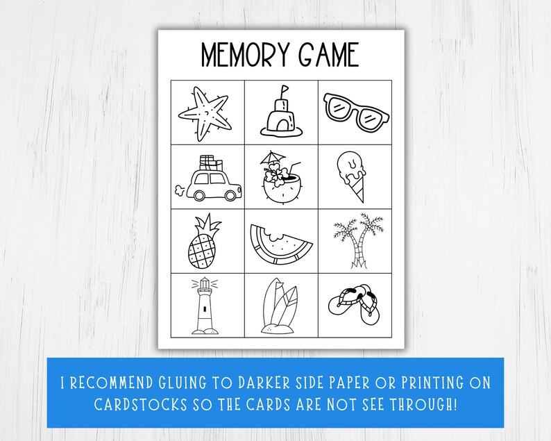 Summer Memory Game Printable, Black and White, Matching and Memory Game ...