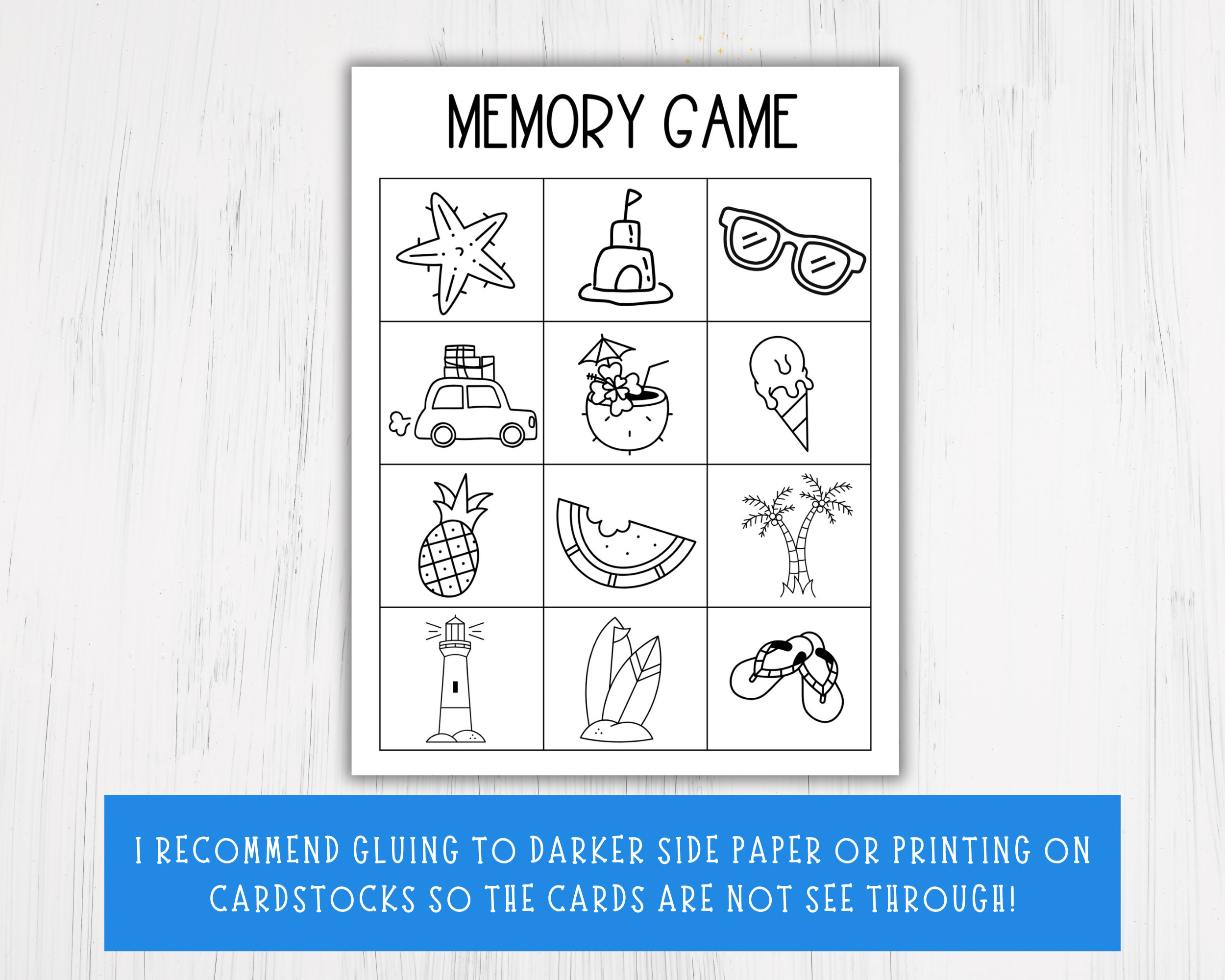 Summer Memory Game Printable, Black and White, Matching and Memory Game ...