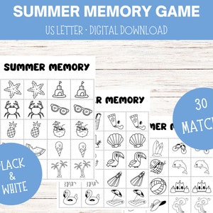 Summer Memory Game Printable, Black and White, Matching and Memory Game ...