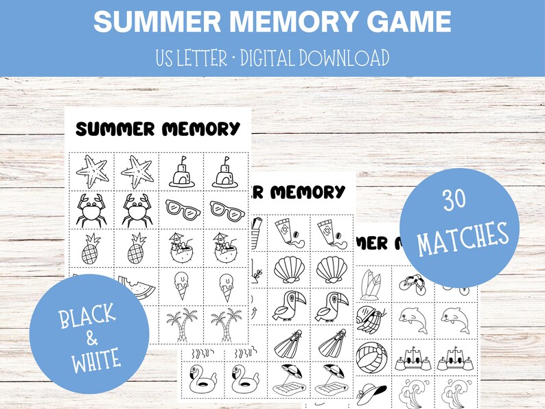Summer Memory Game Printable, Black and White, Matching and Memory Game ...