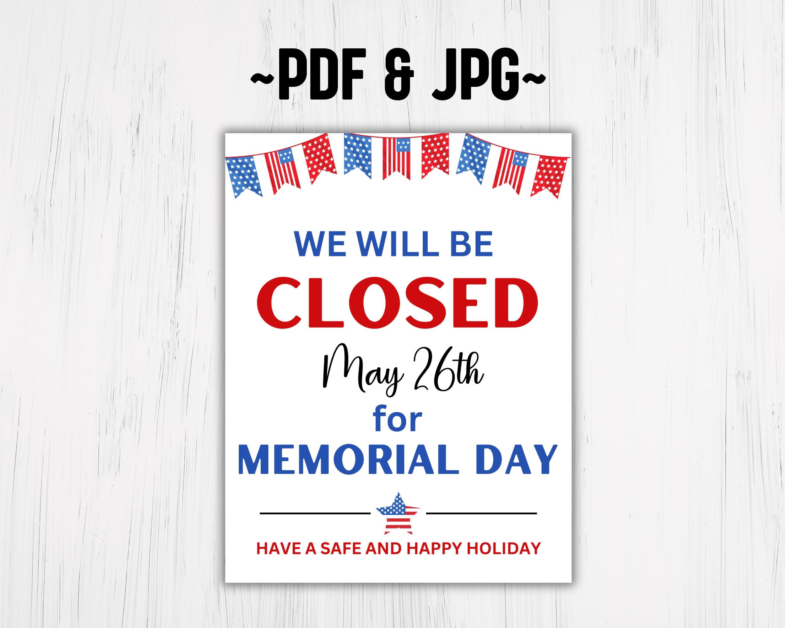 Memorial Day Closed Sign Printable Storefront Door Sign Instant