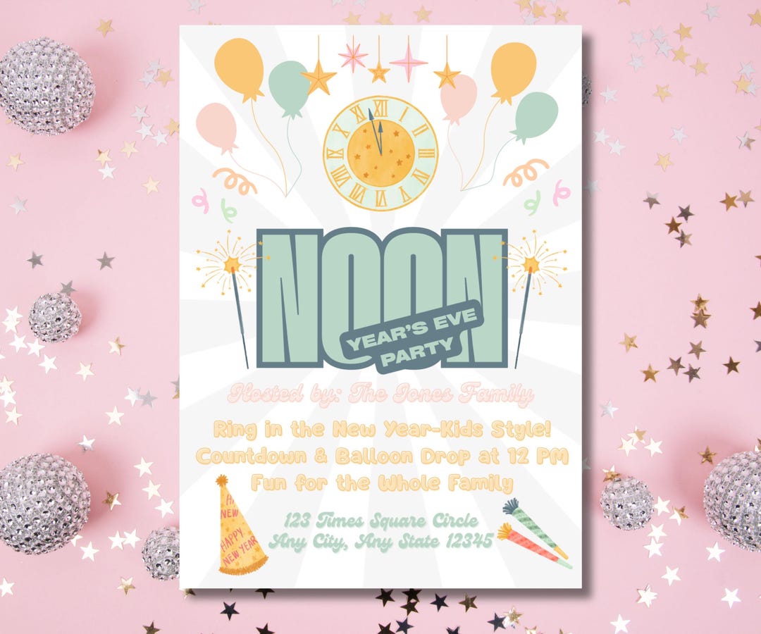 Noon Year’s Eve Invitation:kids Colorful Whimisical Themed New Year’s ...